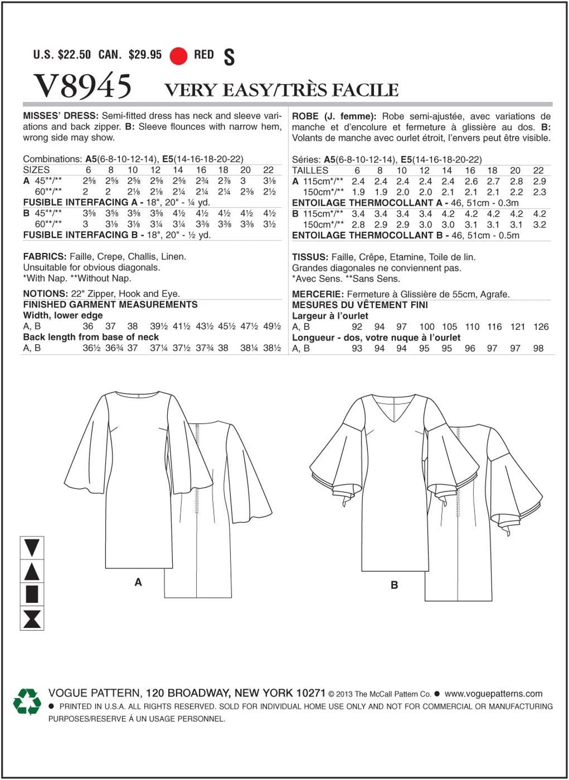 Vogue V8945 Sewing Pattern - Misses Dresses With Sleeve Flounce - Size ...