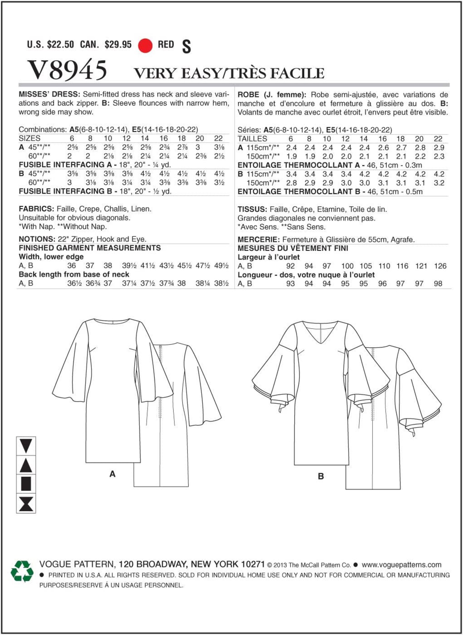 Vogue V8945 Sewing Pattern Misses Dresses With Sleeve - Etsy