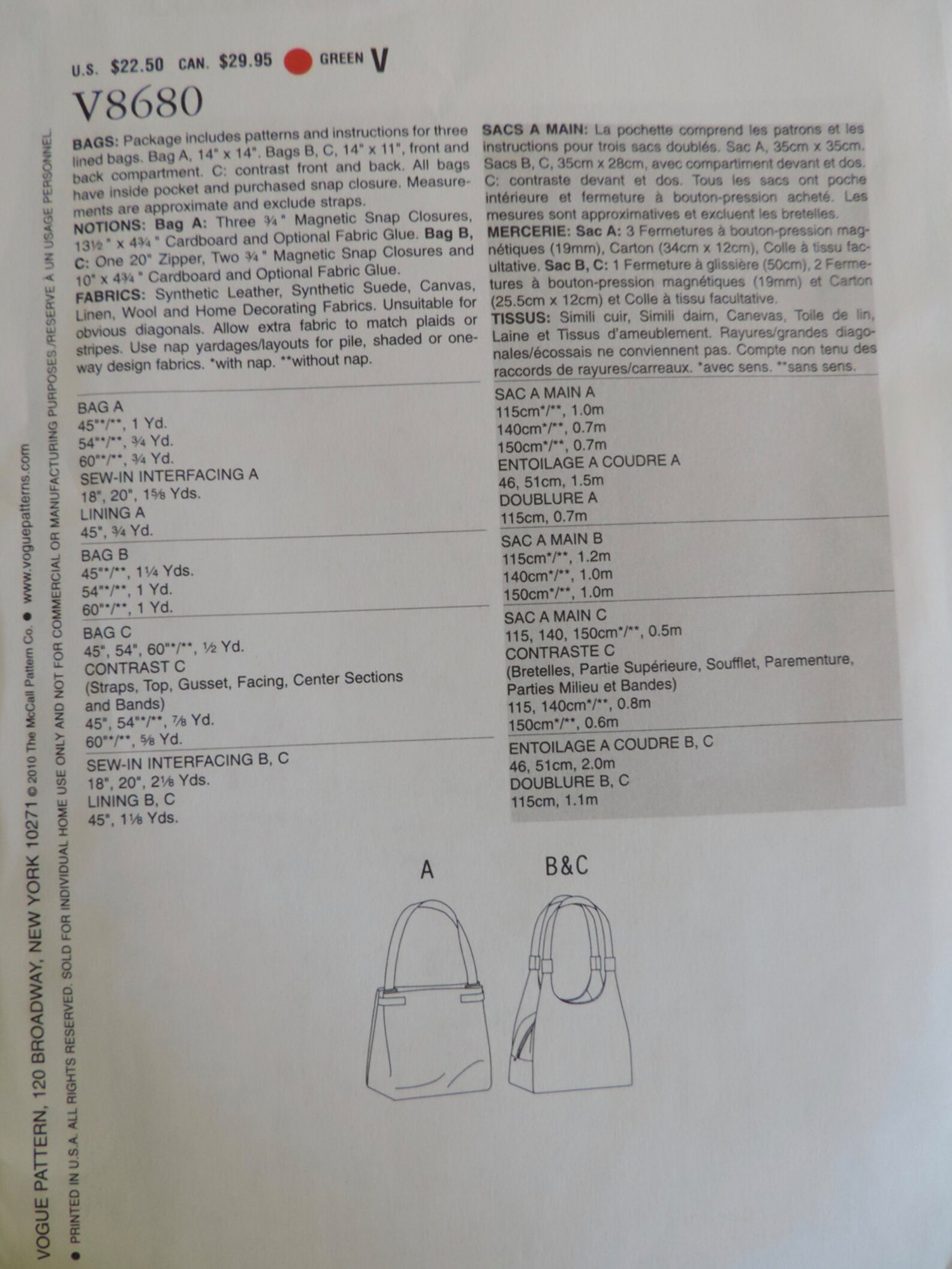 Vogue V8680 Misses Purse in 2 Styles Sewing Pattern / UNCUT Factory ...
