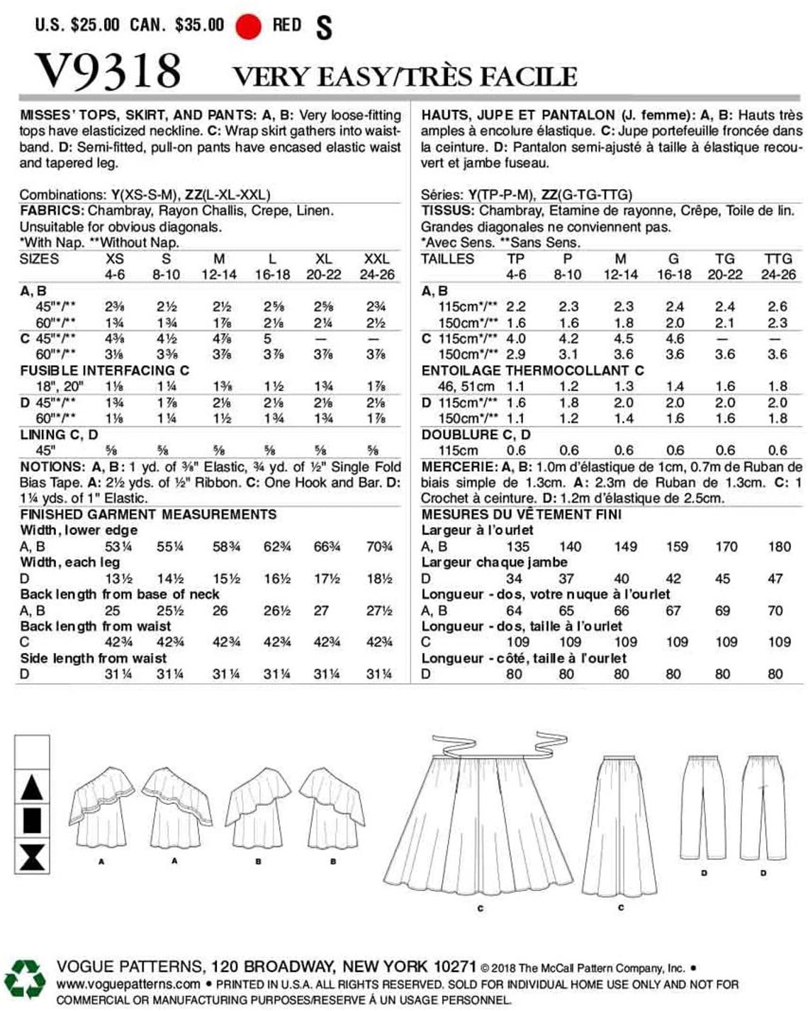 Vogue V9318 Misses Tops, Skirts and Pants Sewing Pattern / UNCUT ...