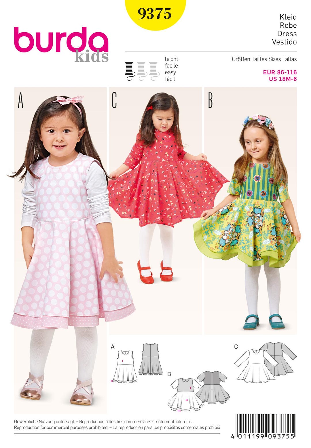 Burda 9375 Sewing Pattern - Girl's Dresses With Full Skirt - Sz 18M ...