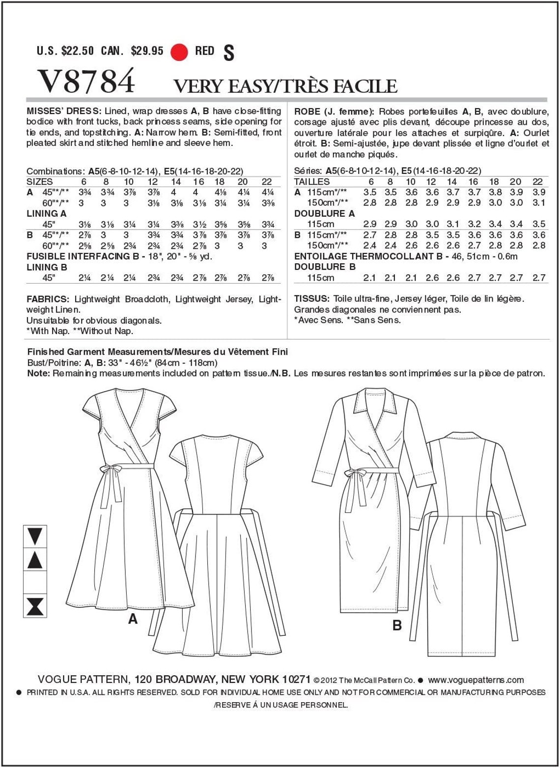 Vogue V8784 Sewing Pattern - Misses' Wrap Dress - Size 6-14 or 14-22 ...