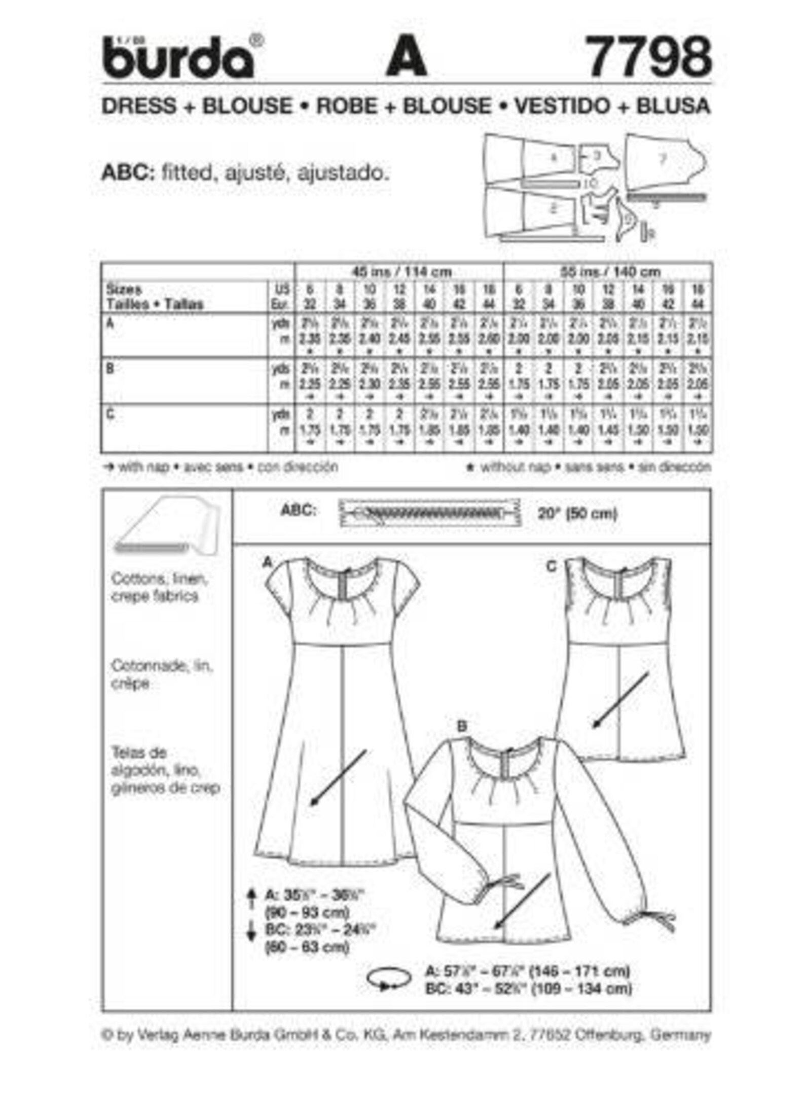 Burda 7798 Size 6-18 Misses Summer Dress and Tops Sewing | Etsy