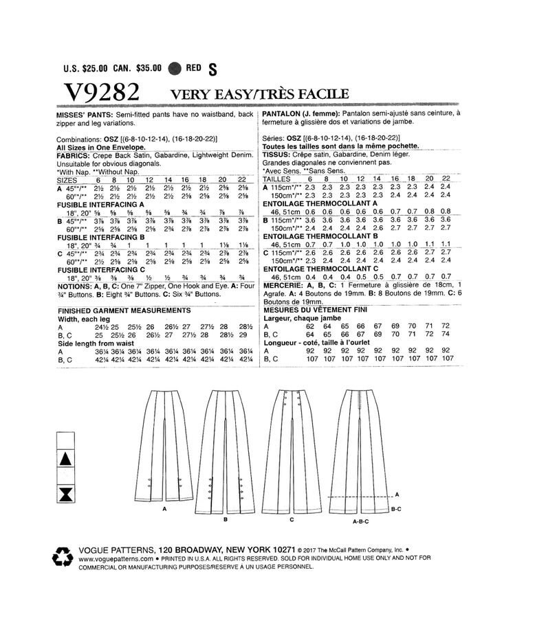 Vogue V9282 Misses Wide Leg Pants With Button Detail Sewing | Etsy