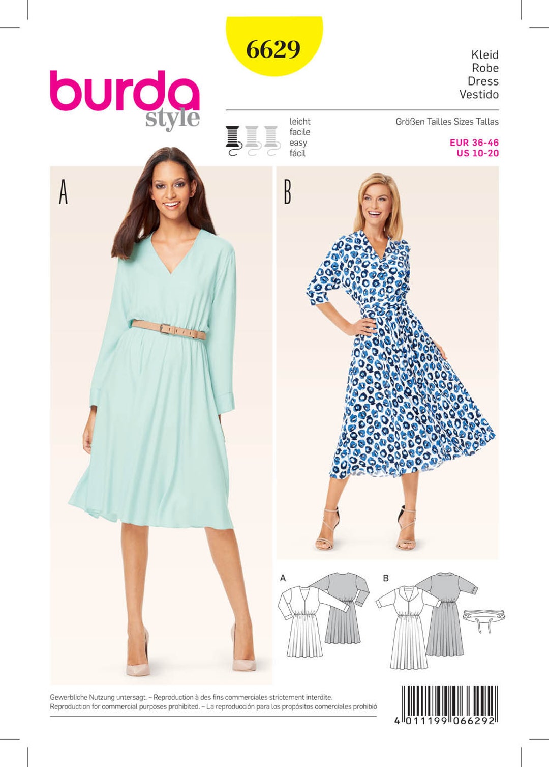 Burda Sewing Pattern 6629 Size 10-20 Misses Dress With Flared Skirt ...