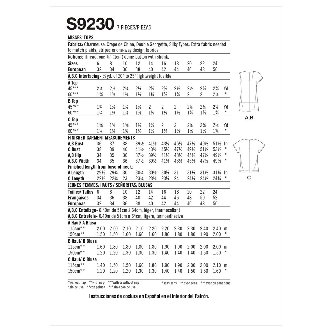 Simplicity S9230 Sewing Pattern - Misses Tops - Size 6-14 or 14-22 ...