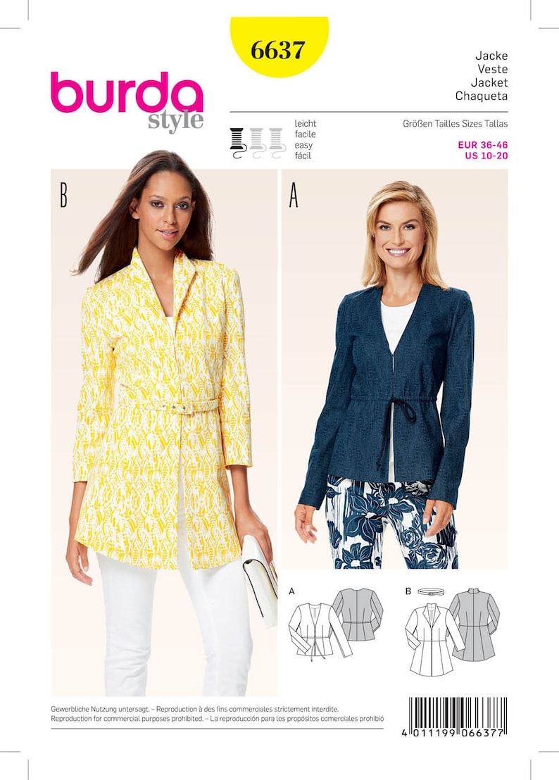 Burda 6637 Misses Fitted, Unlined Jacket, Drawstring Waist, Size 10-20 ...