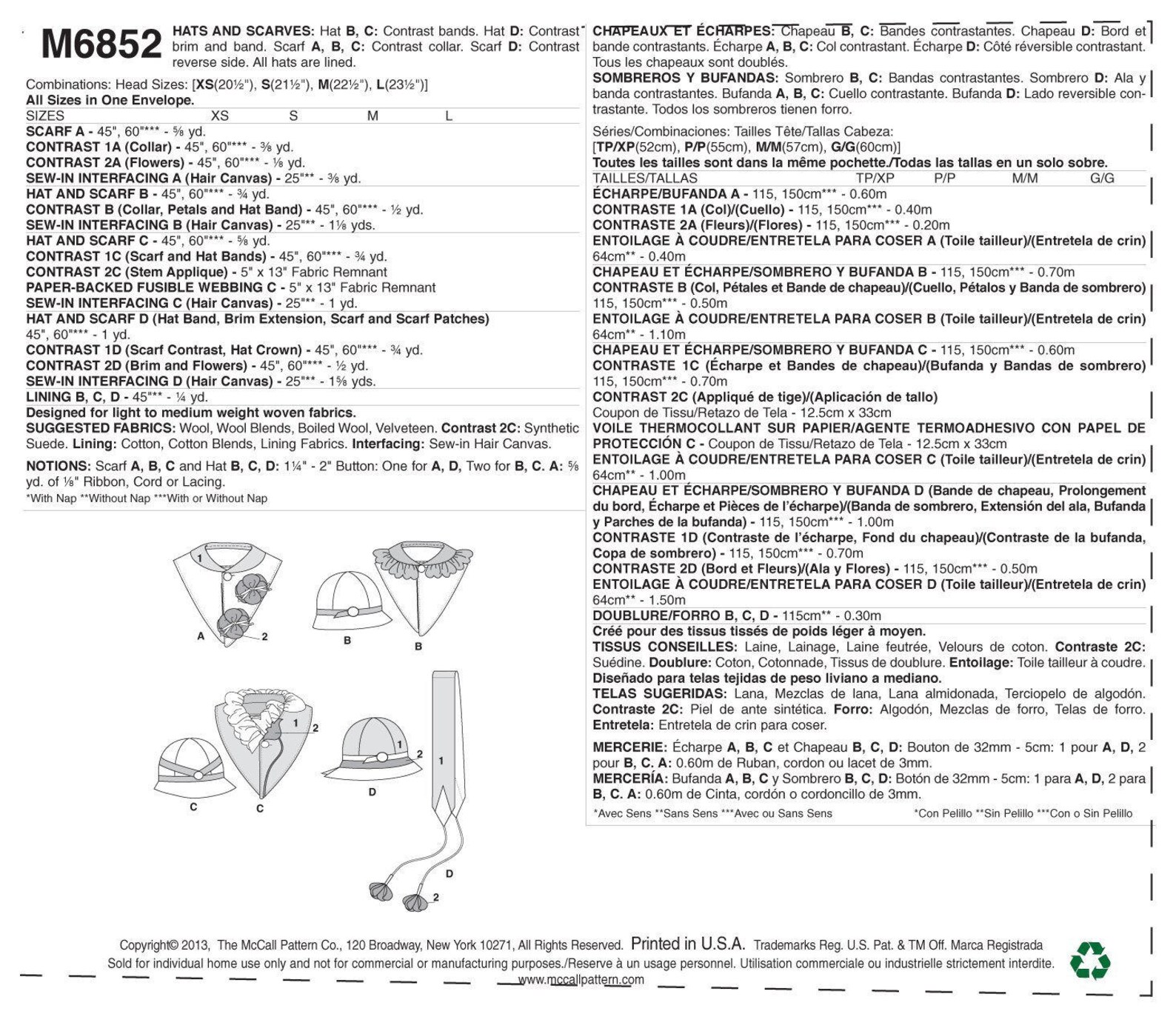 Mccall's M6852 Misses Hats and Scarf Sewing Pattern / | Etsy