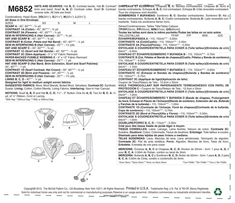 Mccall's M6852 Misses Hats and Scarf Sewing Pattern / - Etsy