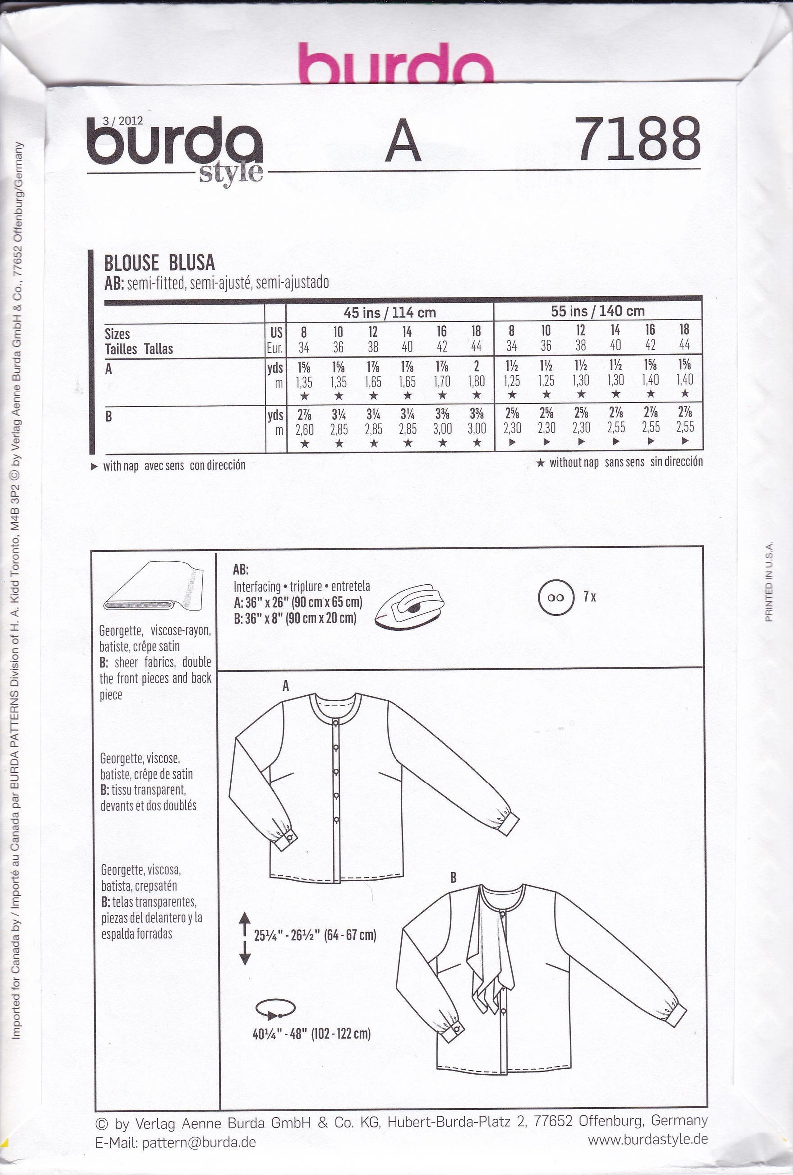 Burda 7188 Size 8-18 Misses Blouses Sewing Pattern / UNCUT Factory ...