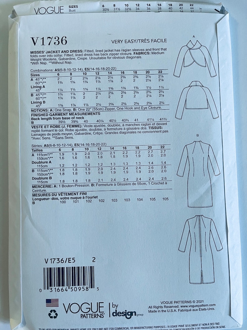 Vogue V9266 R10336 V1736 Misses' Lined Raglan-sleeve Jacket and Funnel ...