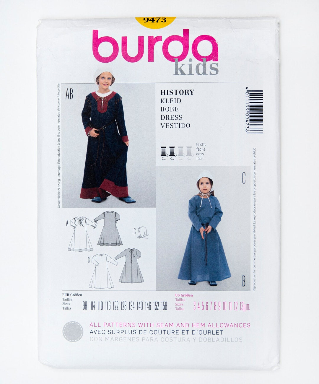 Burda 9473 UNCUT Pattern for Girls' Midieval Historical Dress Sizes 3 ...