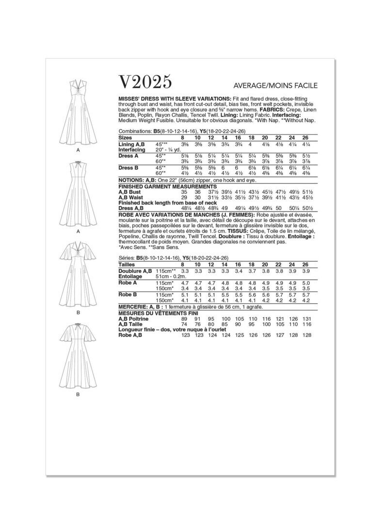 Vogue Sewing Pattern V2025 Misses' Dress With Sleeve Variations - Size ...