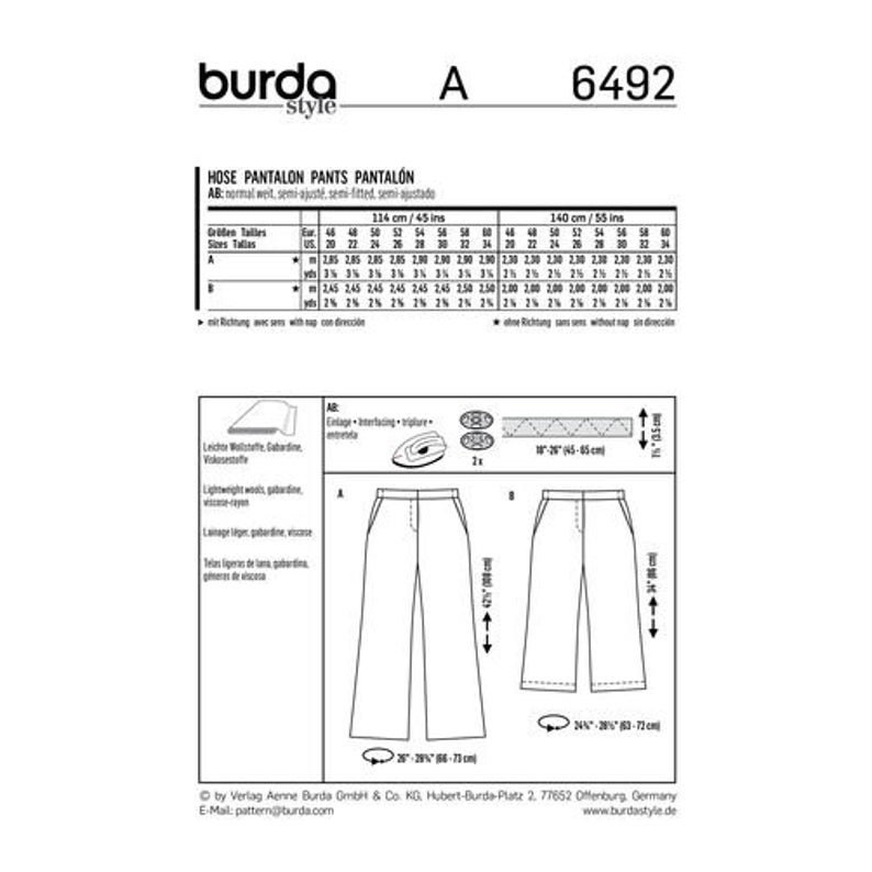 Burda 6492 Woman's Pants or Capri Sewing Pattern - Plus Size 20-34 ...