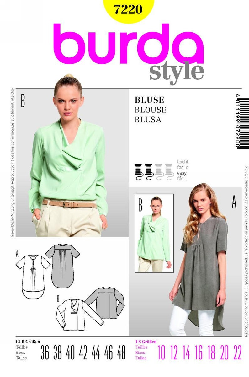 Burda 7220 Size 10-22 Misses Tunic Tops Sewing Pattern / Uncut/ff - Etsy