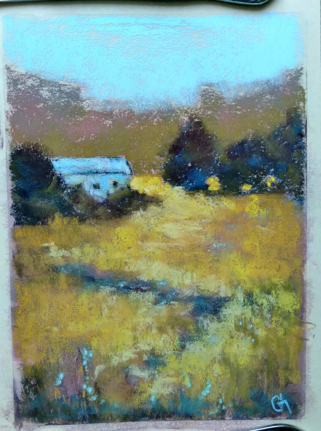 Original Blue Barn Landscape Pastel Drawing - Etsy