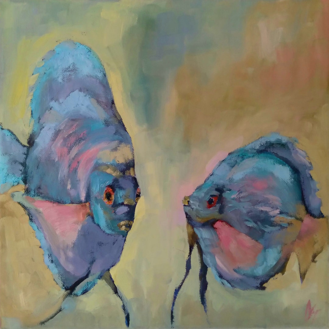 Original Discus Oil Painting, Blue Fish Artwork, Ocean Creature Artwork ...