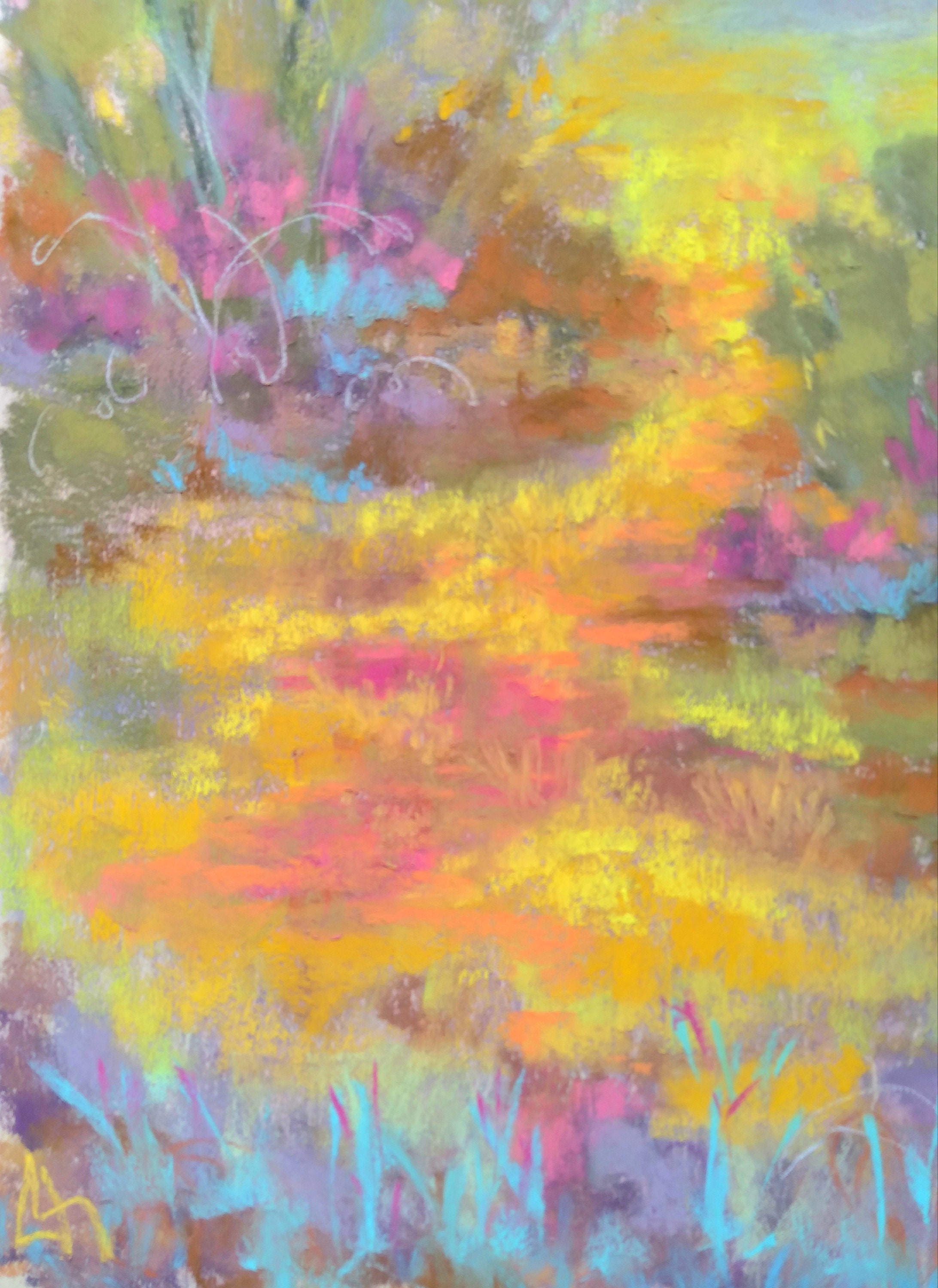 Original Soft Pastel Yellow Grass Meadow Landscape Painting, Vertical ...