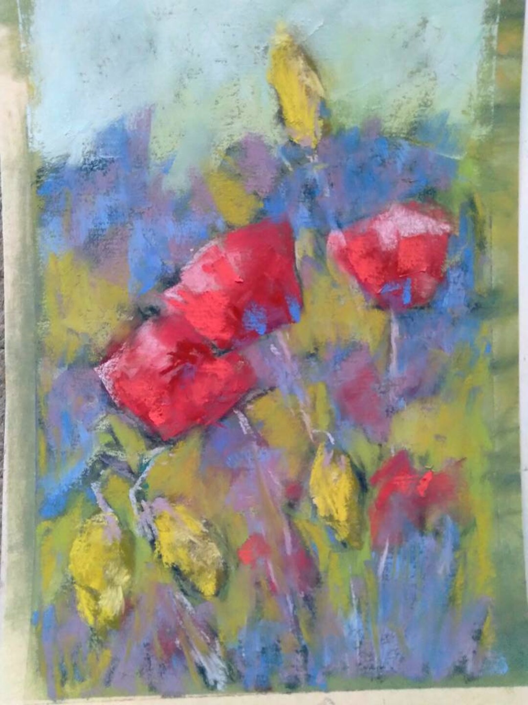 Original Red Poppy Pastel Painting, Red Flower Landscape Artwork - Etsy