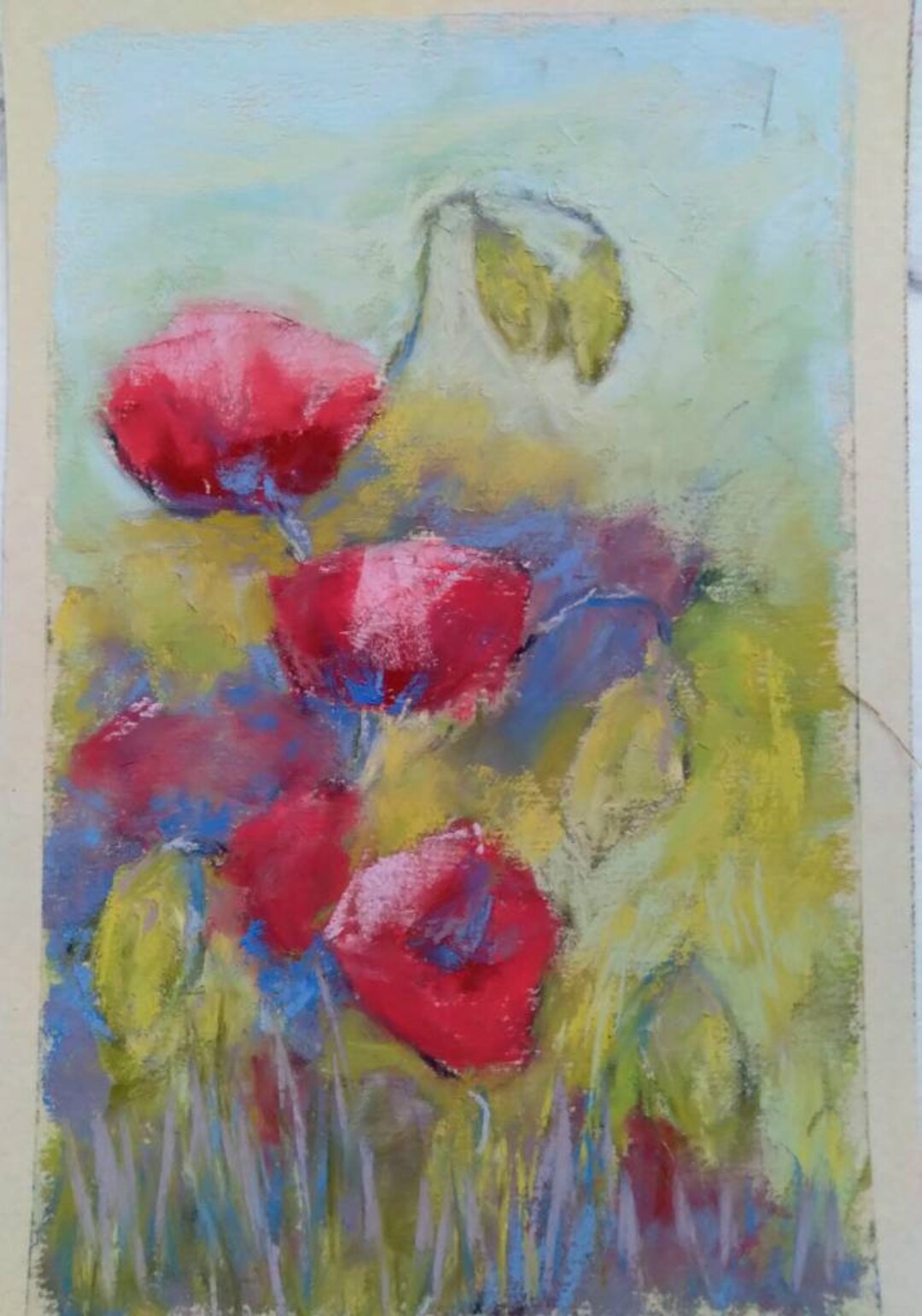 Original Red Poppy Pastel Painting, Red Flower Landscape Artwork - Etsy