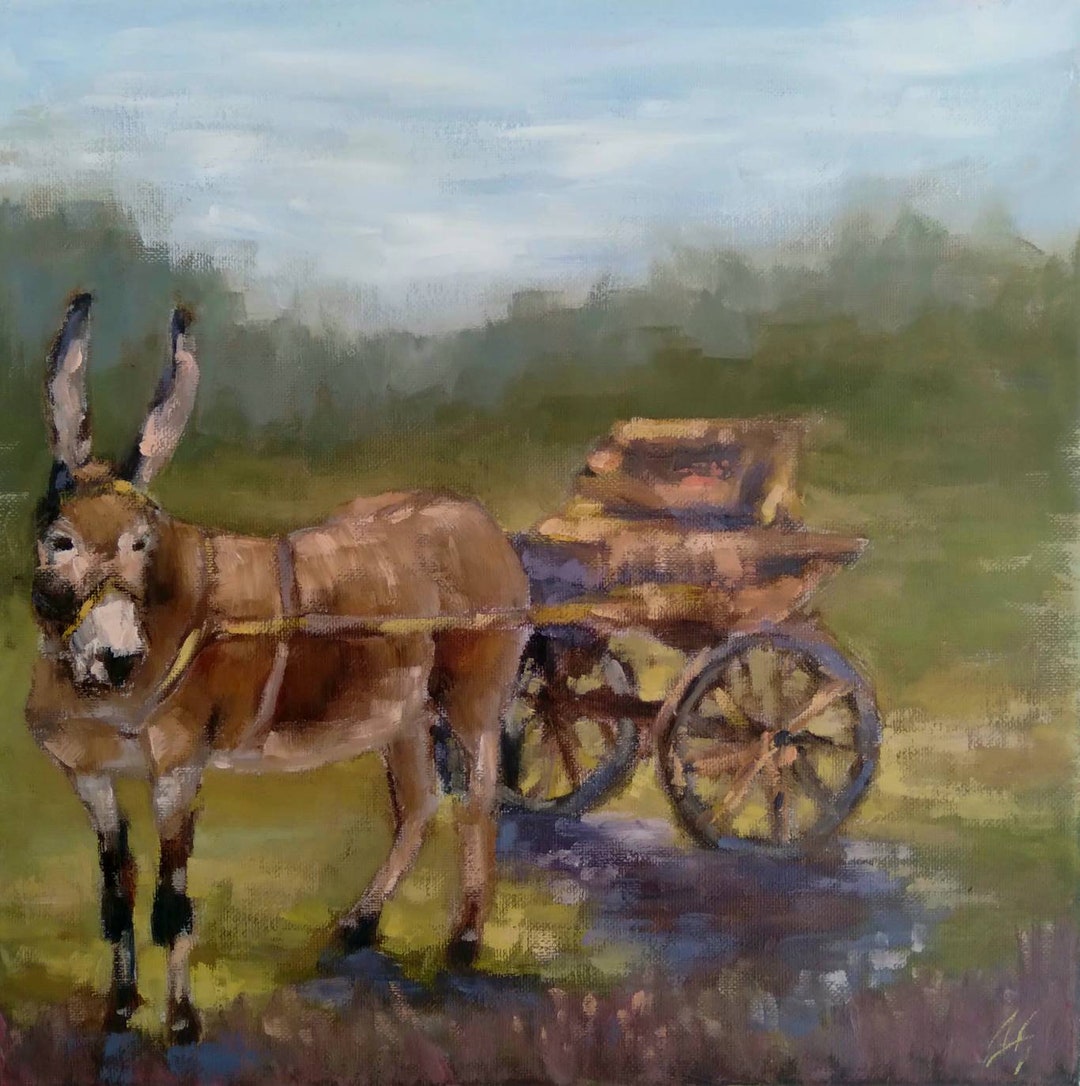 Original Donkey and Cart Oil Painting, Horse Artwork, Mule Foal ...