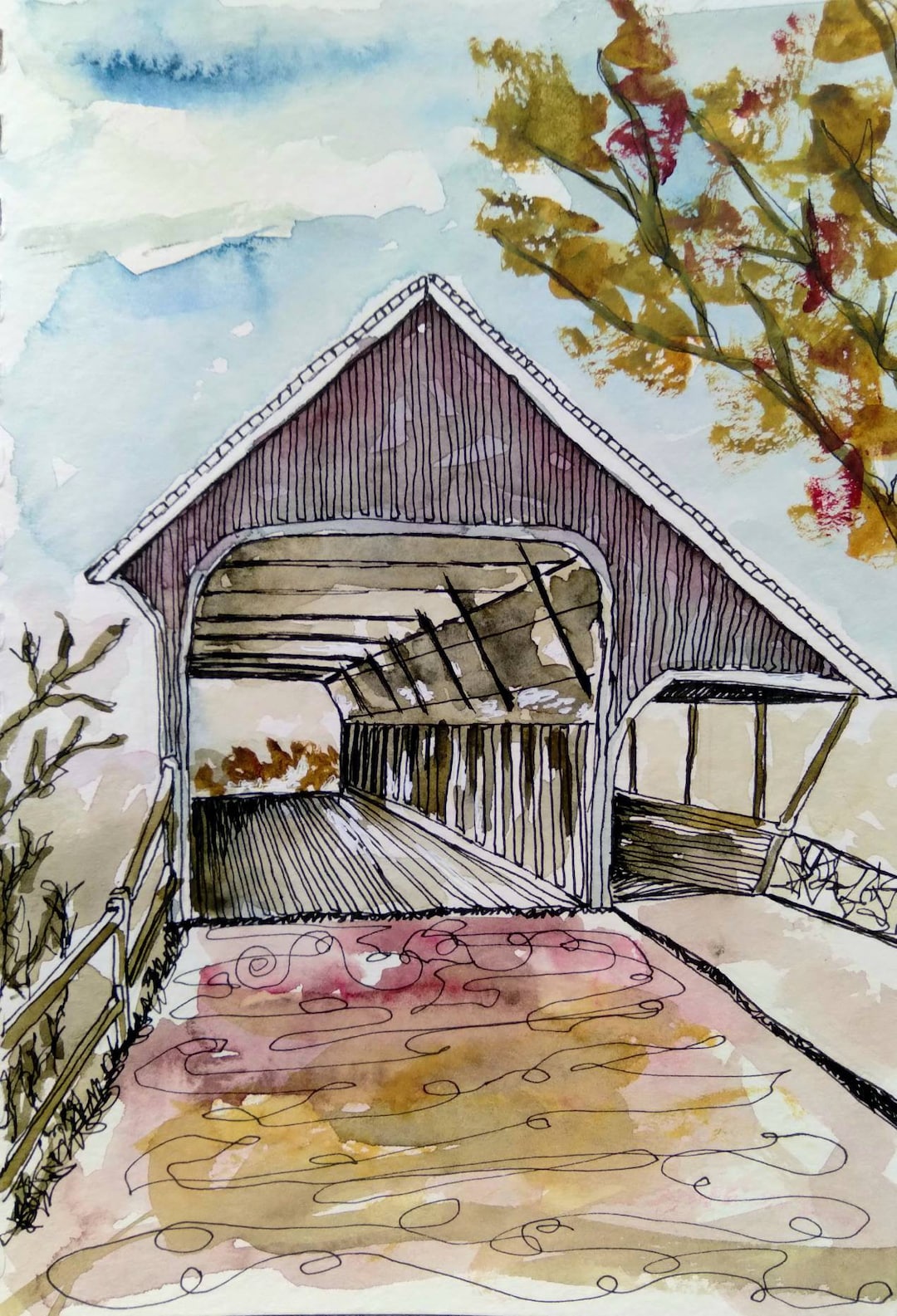 Original Covered Bridge Watercolor and Ink Pen Paintings, Fall Color ...