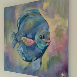 Original Discus Oil Painting, Blue Fish Artwork, Ocean Creature Artwork ...