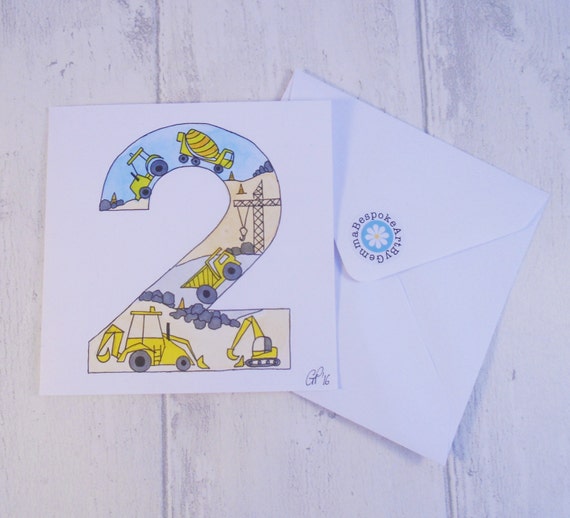 Hand painted decorated digger number birthday card monogram | Etsy