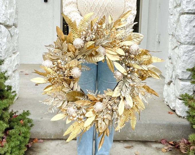Gold Leaf Wreath, Laurel and Fern Wreath for Front Door, Holiday Laurel ...