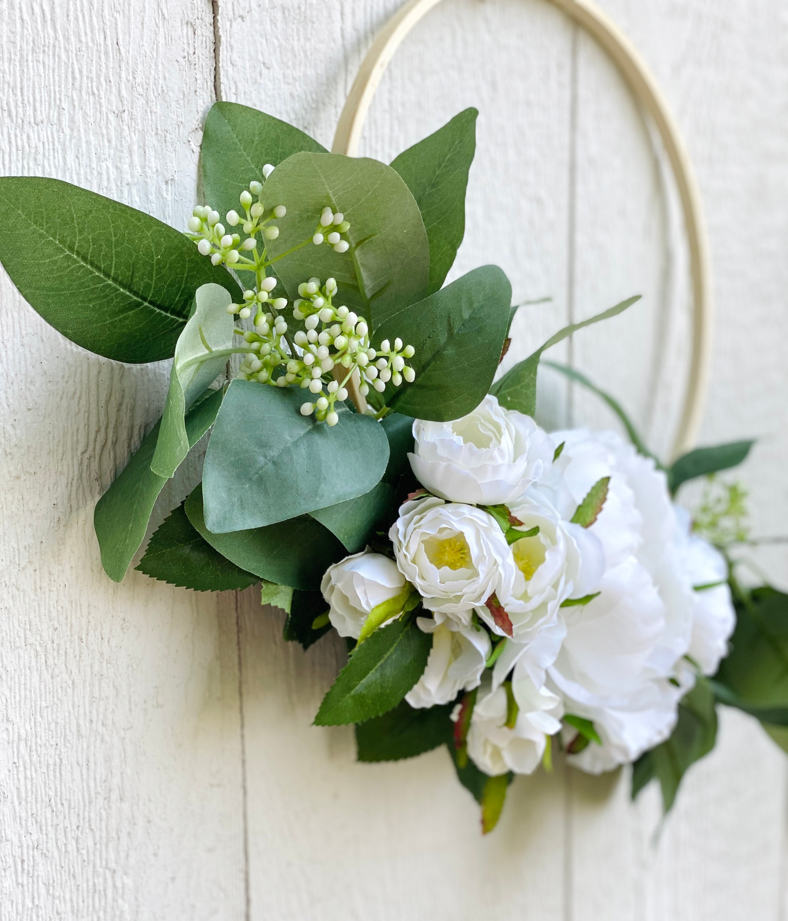 White Peony and Rose Hoop Wreath With Eucalyptus Neutral Wall | Etsy