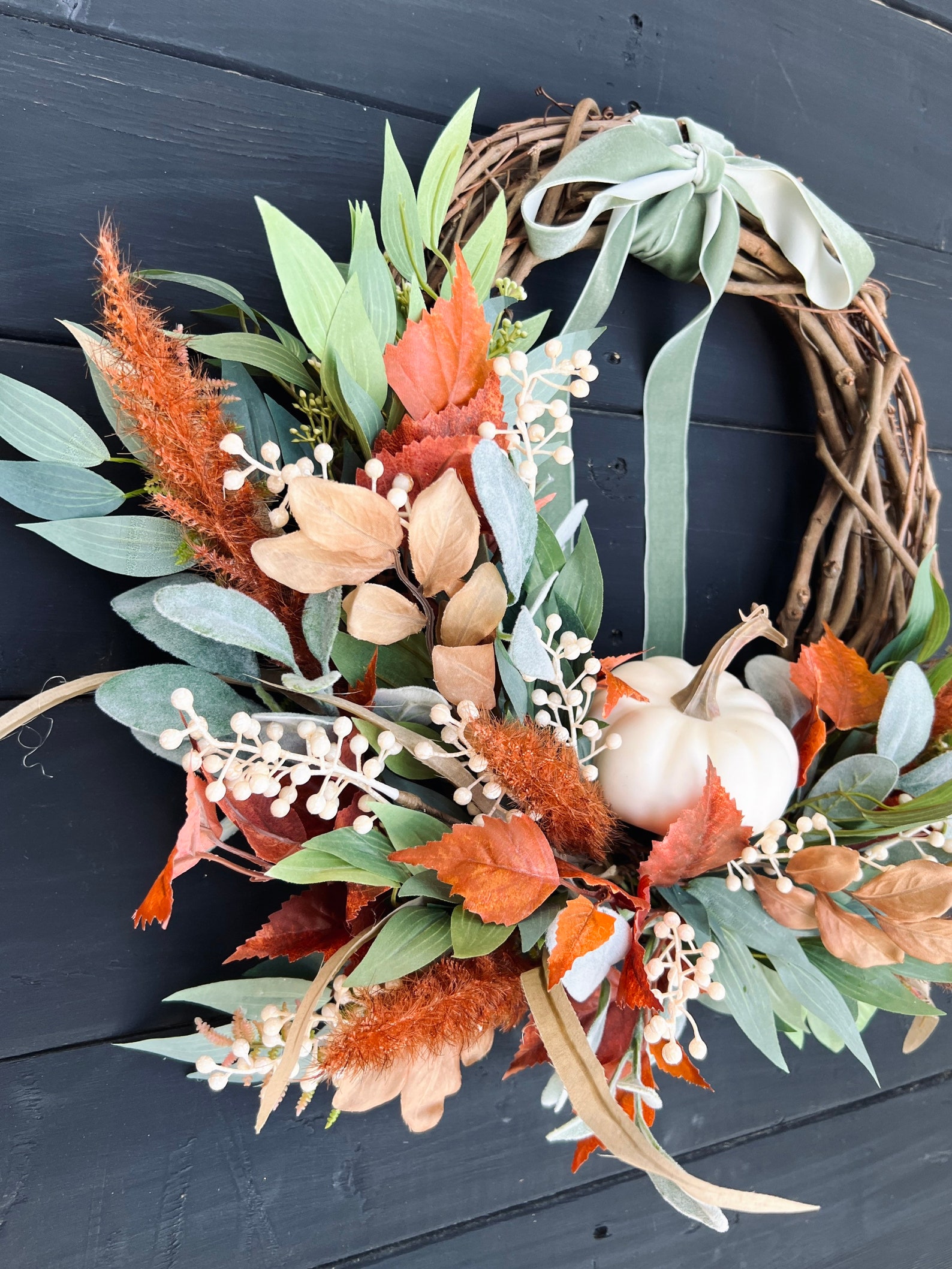 Fall Wreath With Cream Pumpkin and Sage Green Velvet Bow - Etsy
