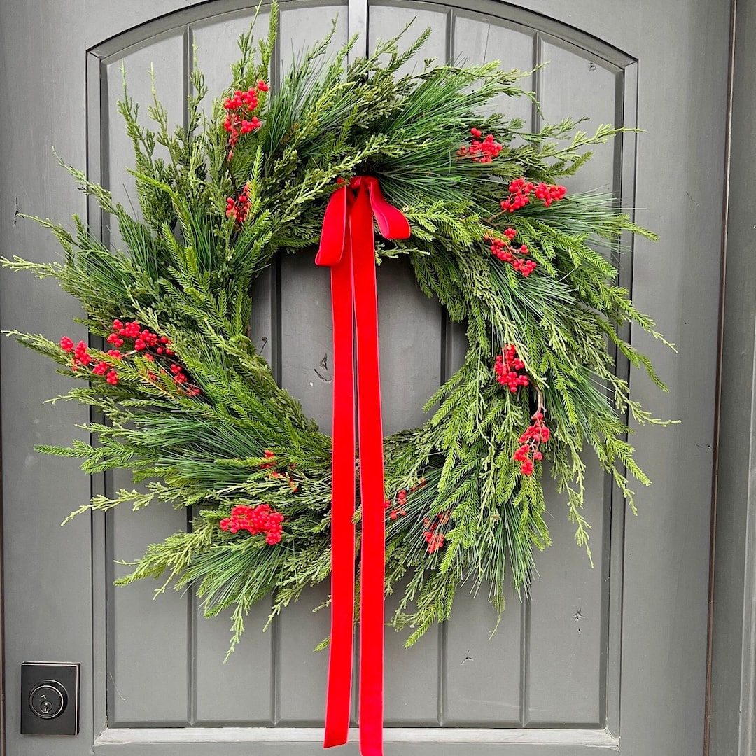 Faux Norfolk Pine and Cedar Wreath With Red Berries and Red Velvet Bow ...