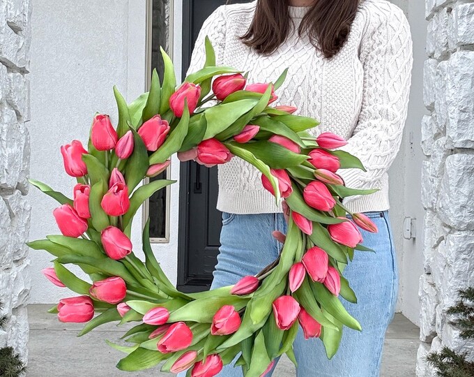 Pink Tulip Spring Wreath, Realistic Tulips Wreath for Front Door ...