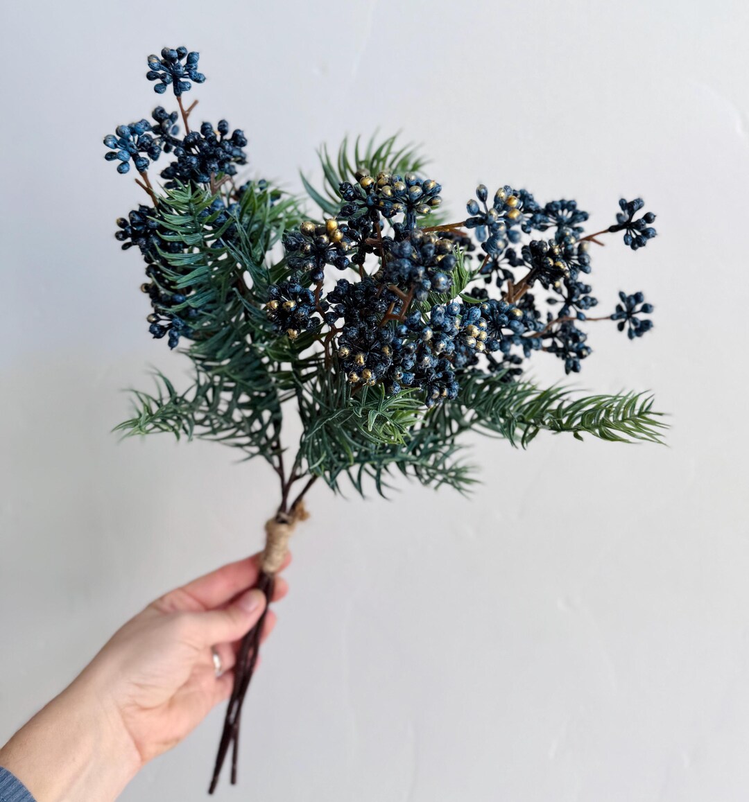Blue and Gold Pepperberry Stem With Evergreens Faux Christmas Greenery ...
