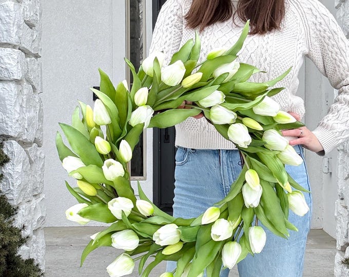 White Tulip Spring Wreath, Realistic Tulips Wreath for Front Door ...