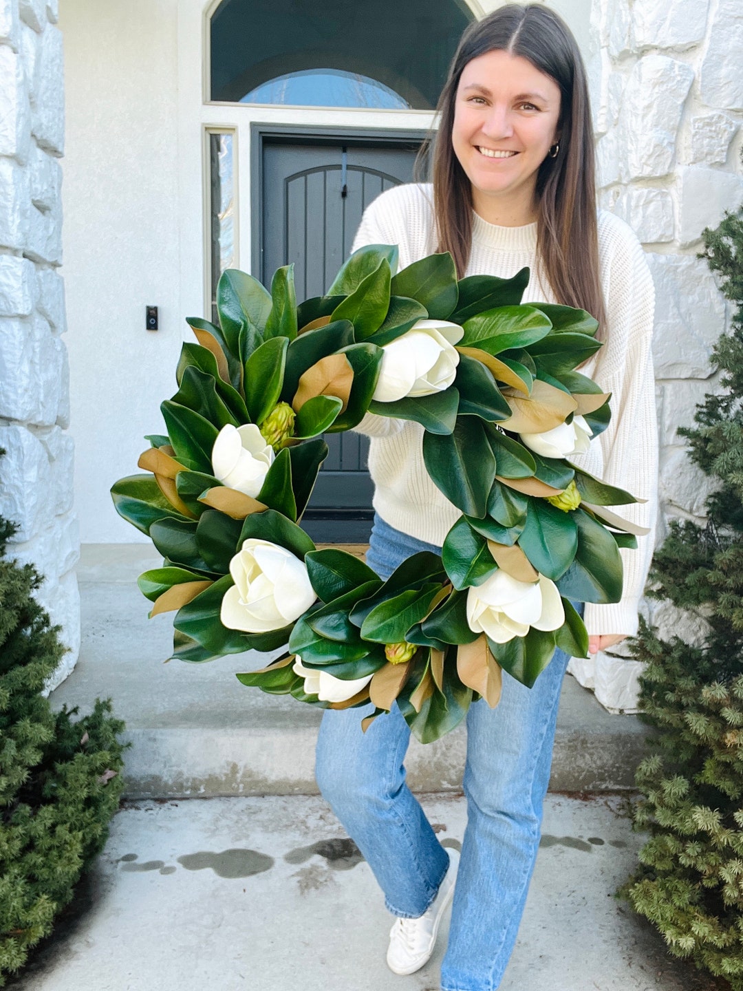 Magnolia Wreath for Front Door, Artificial Magnolia Bloom Wreath, Year ...
