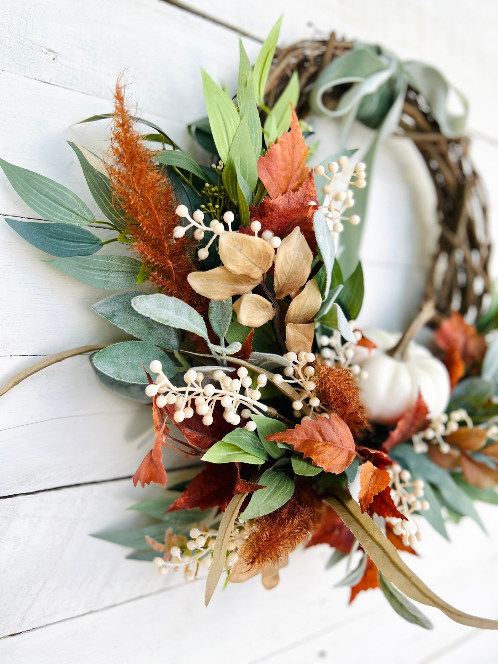 Fall Wreath With Cream Pumpkin and Sage Green Velvet Bow - Etsy