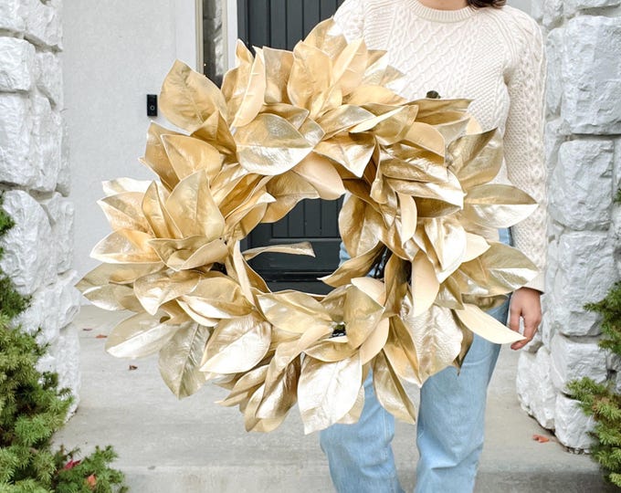 Gold Magnolia Leaf Wreath, Metallic Magnolia Wreath for Front Door ...