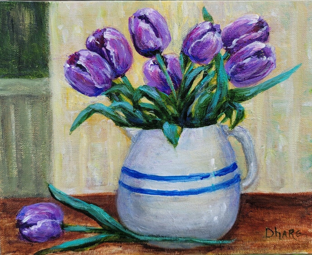 Buttermilk Pitcher With Purple Tulips - an Orig 8x10 in Acrylic ...