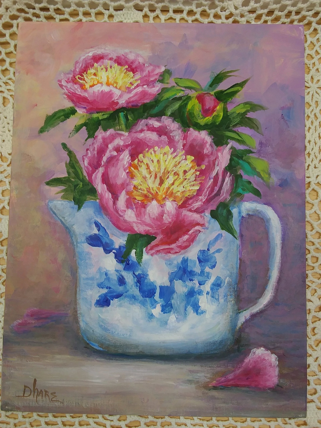 Pretty Pink Peonies Pintura acrílica original de 9x12 pulgadas por ...