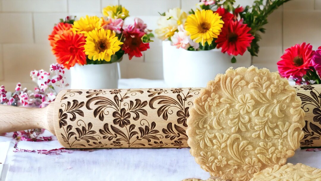 Flowers 10 - Engraved Rolling Pin, Embossed - Handmade Rolling Pin ...