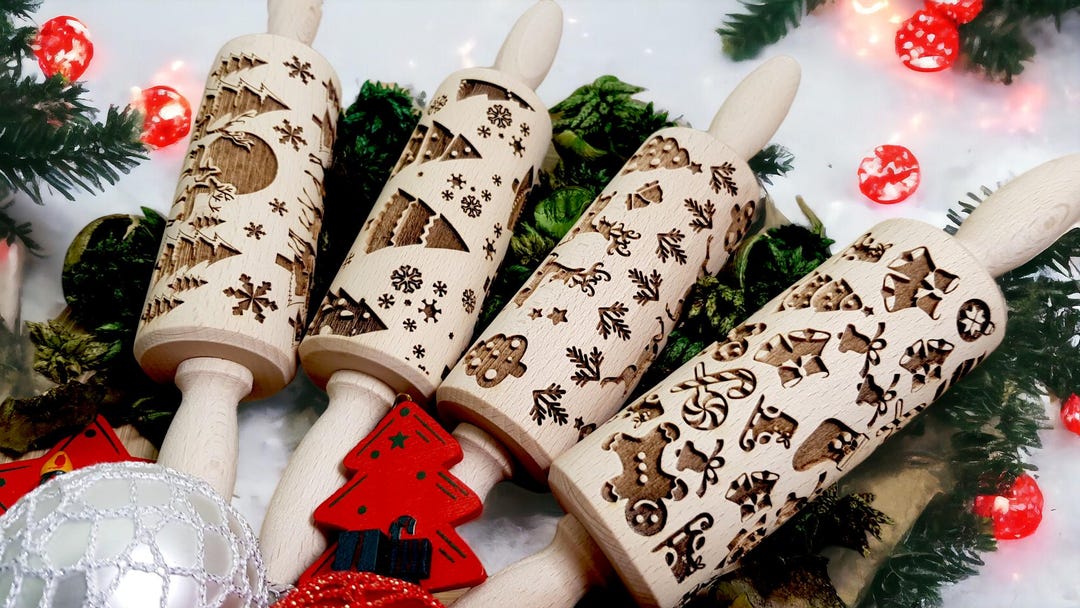 Christmas Engraved Rolling Pin Set: Beech Wood Embossed Cookie Rollers ...