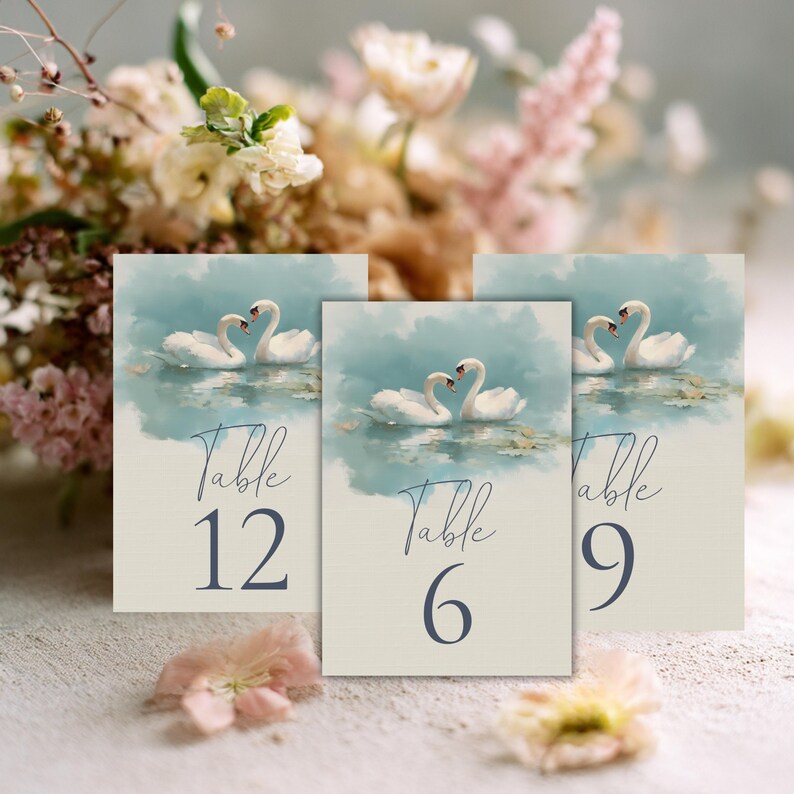 Watercolor Swan Art Wedding Table Numbers Set 1-20, Elegant Number ...