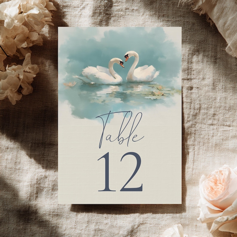 Watercolor Swan Art Wedding Table Numbers Set 1-20, Elegant Number ...