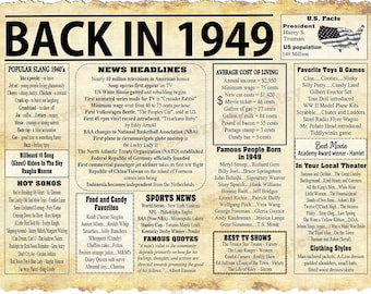 Back in 1949 Newspaper Style Poster, Born in 1949, 1949 Landscape Place ...