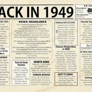 Back in 1949 Newspaper Style Poster, Born in 1949, 1949 Birthday, 1949 ...