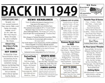Back in 1949 Newspaper Style Poster, Born in 1949, 1949 Birthday, 1949 ...