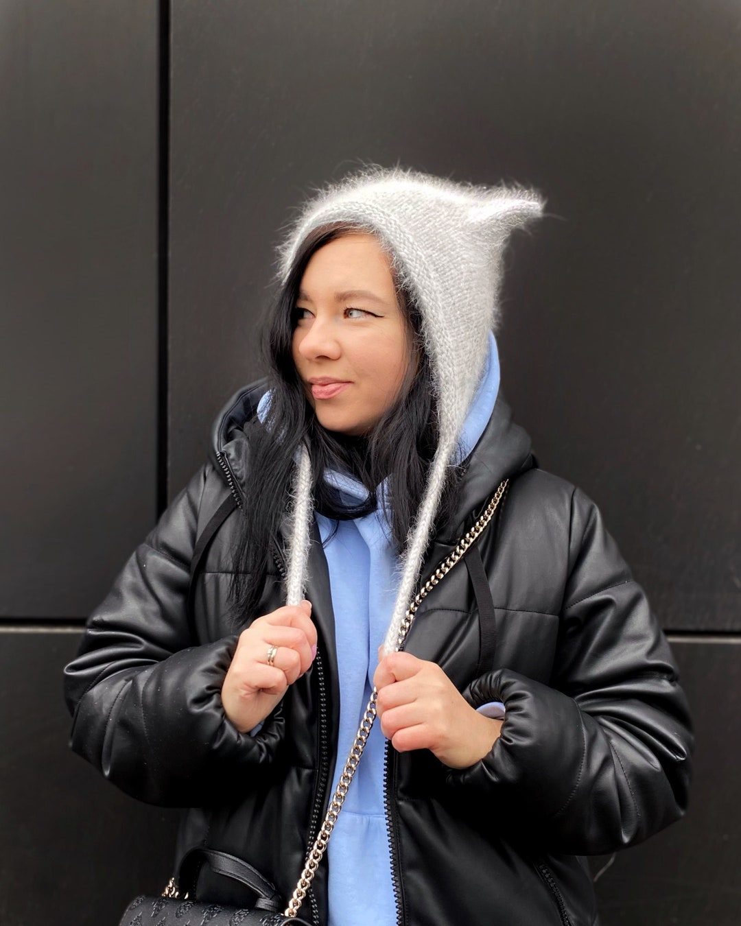 Knit Adult Angora Bonnet Cat Ear Hat Angora Hat Womens Winter Hat Kitty ...