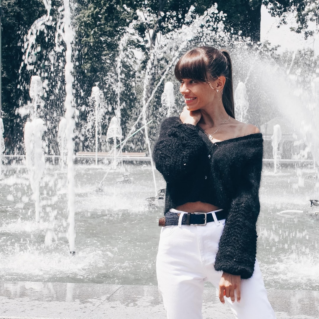 Hand Knit Black Angora Cardigan for Women Mink Long Angora Cropped ...
