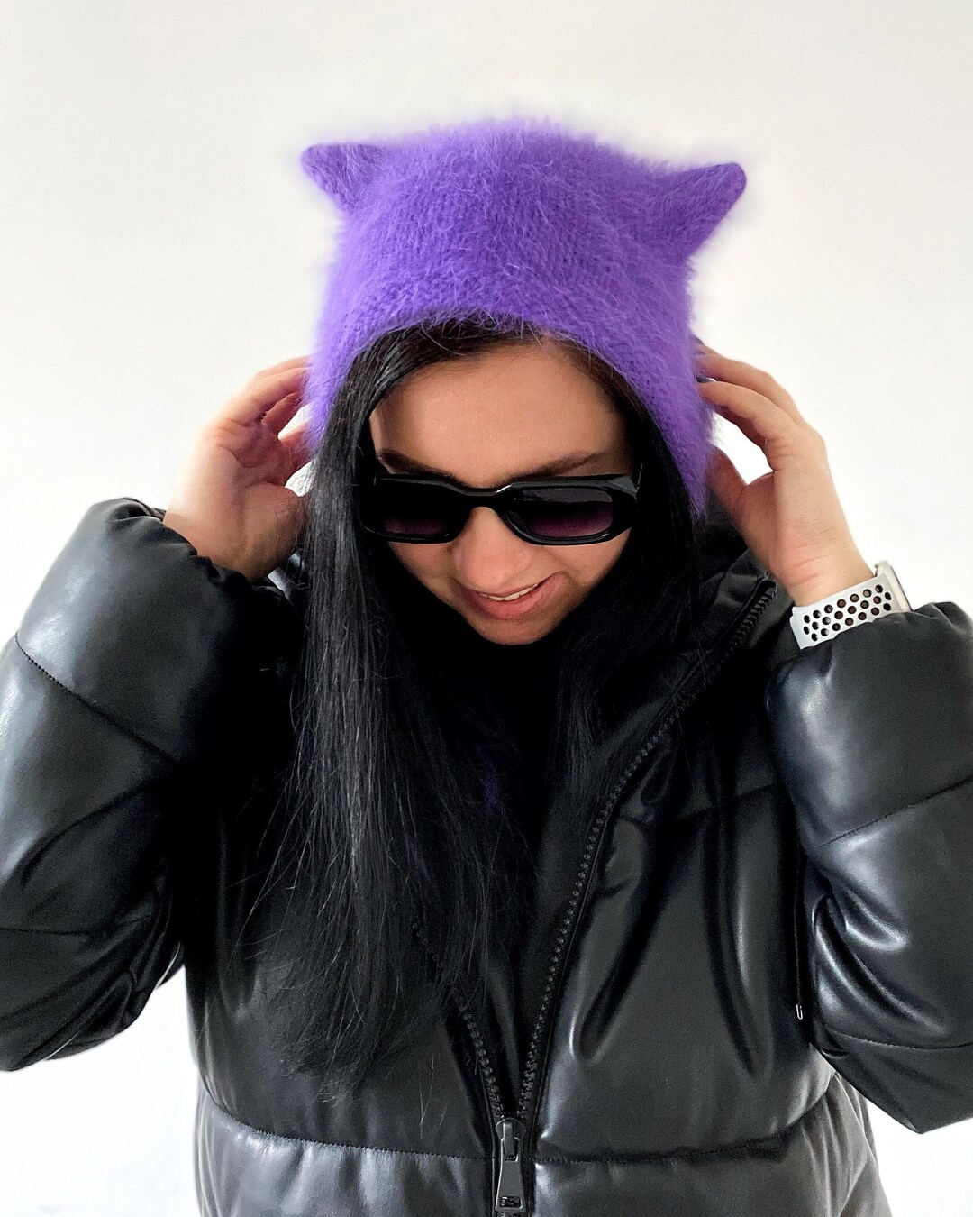 Knit Adult Angora Bonnet Cat Ear Hat Angora Hat Womens Winter Hat Kitty ...